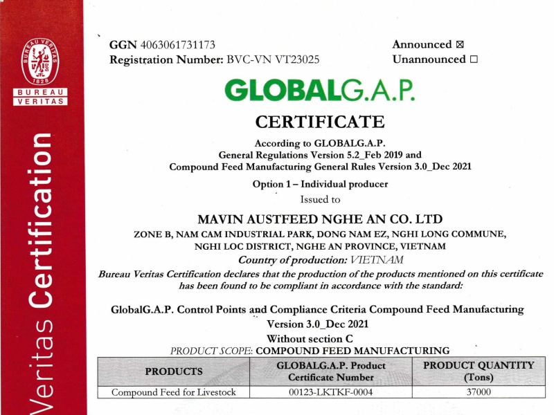 Mavin Austfeed Nghệ An Vinh Dự Nhận Chứng Nhận Global G.A.P